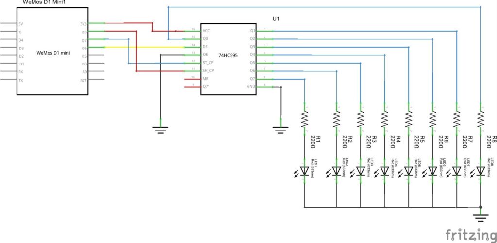 Using a 74HC595 shift register with the Wemos - esp8266 learning