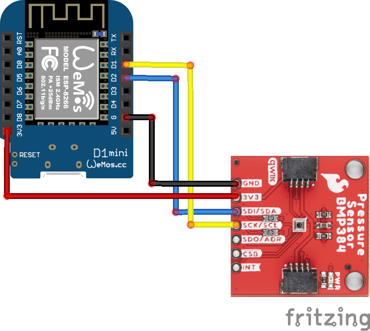 In this tutorial we connect a BMP384 pressure sensor to a ESP8266 board with code example